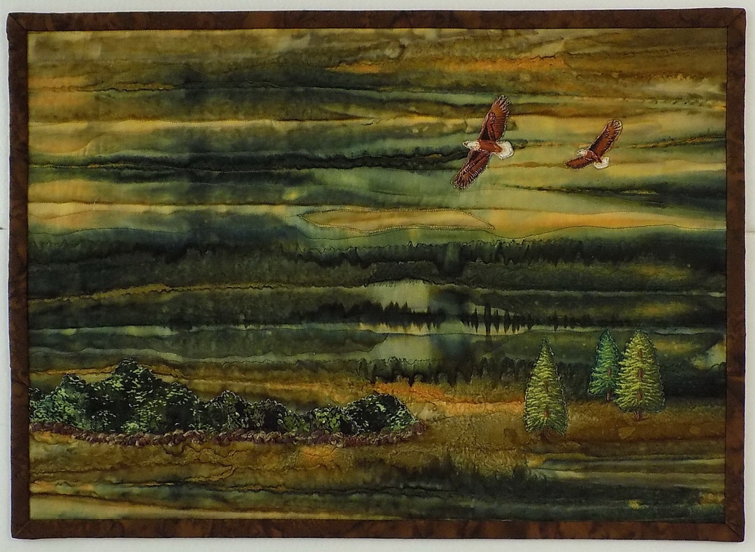 Landscape Art Quilt, Eagles, Lakes, Sunset - Etsy