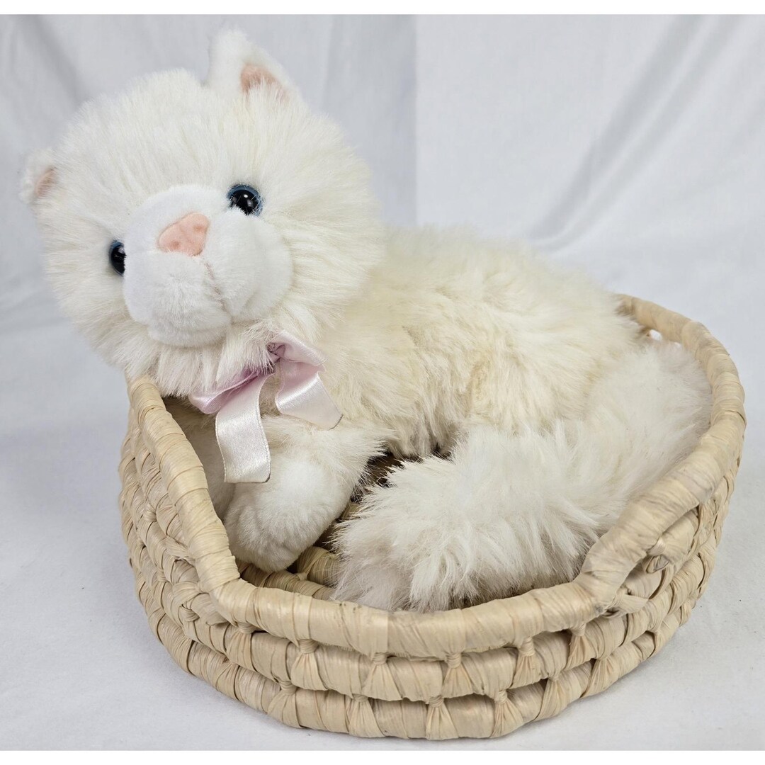 Tb Trading Co Plush Cat White W/blue Eyes 12" Laying Down Curled up in ...