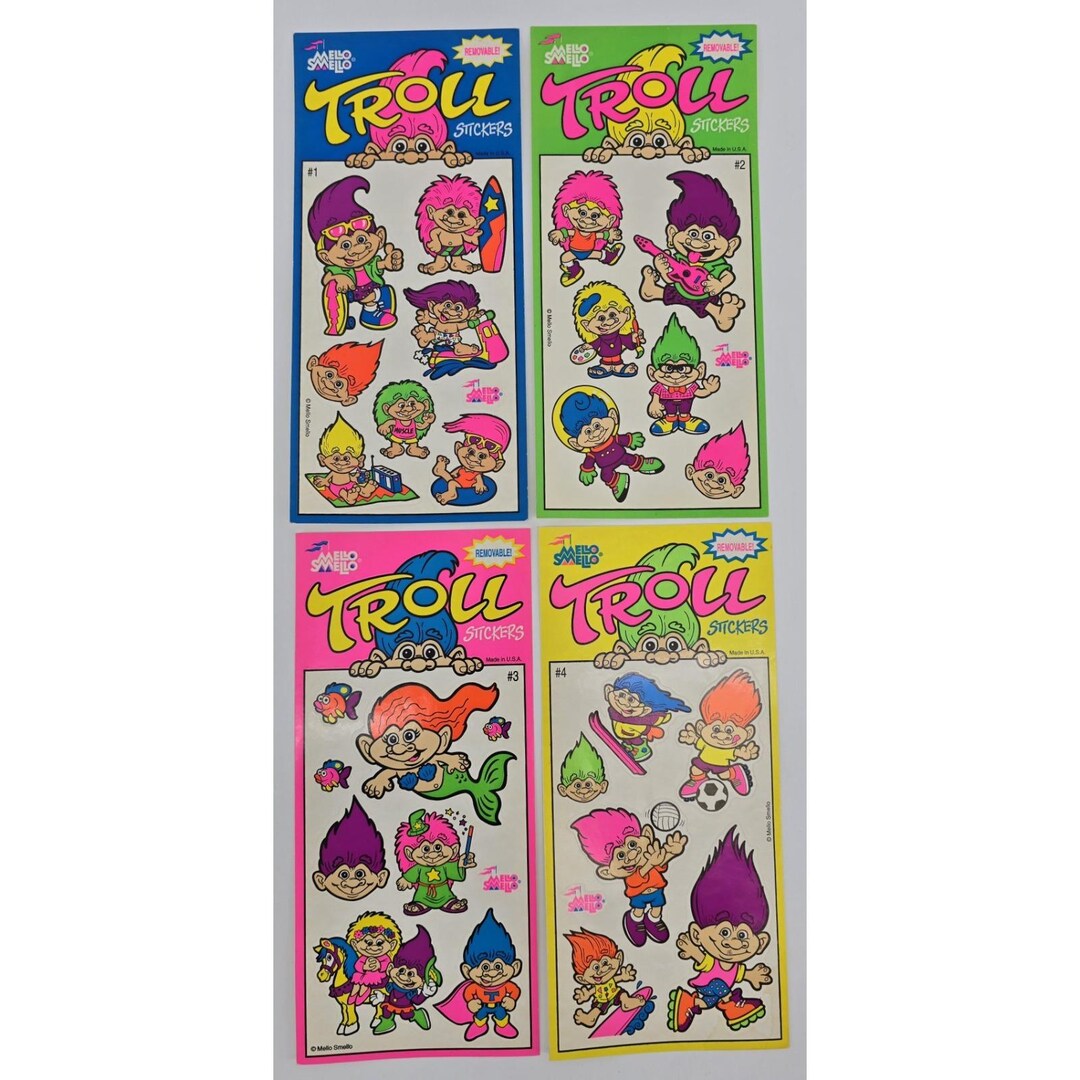 4 Vtg TROLLS Sticker Sheets 90s Mello Smello Neon New Colorful ...