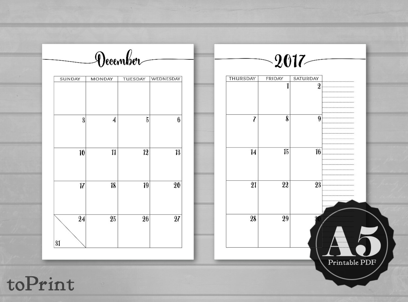 Monthly Calendar Planner Inserts - Calligraphic Script - A5 Printable ...