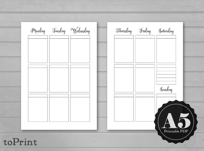 Weekly Box Planner Inserts - A5 Printable - Calligraphy Script Weekly ...