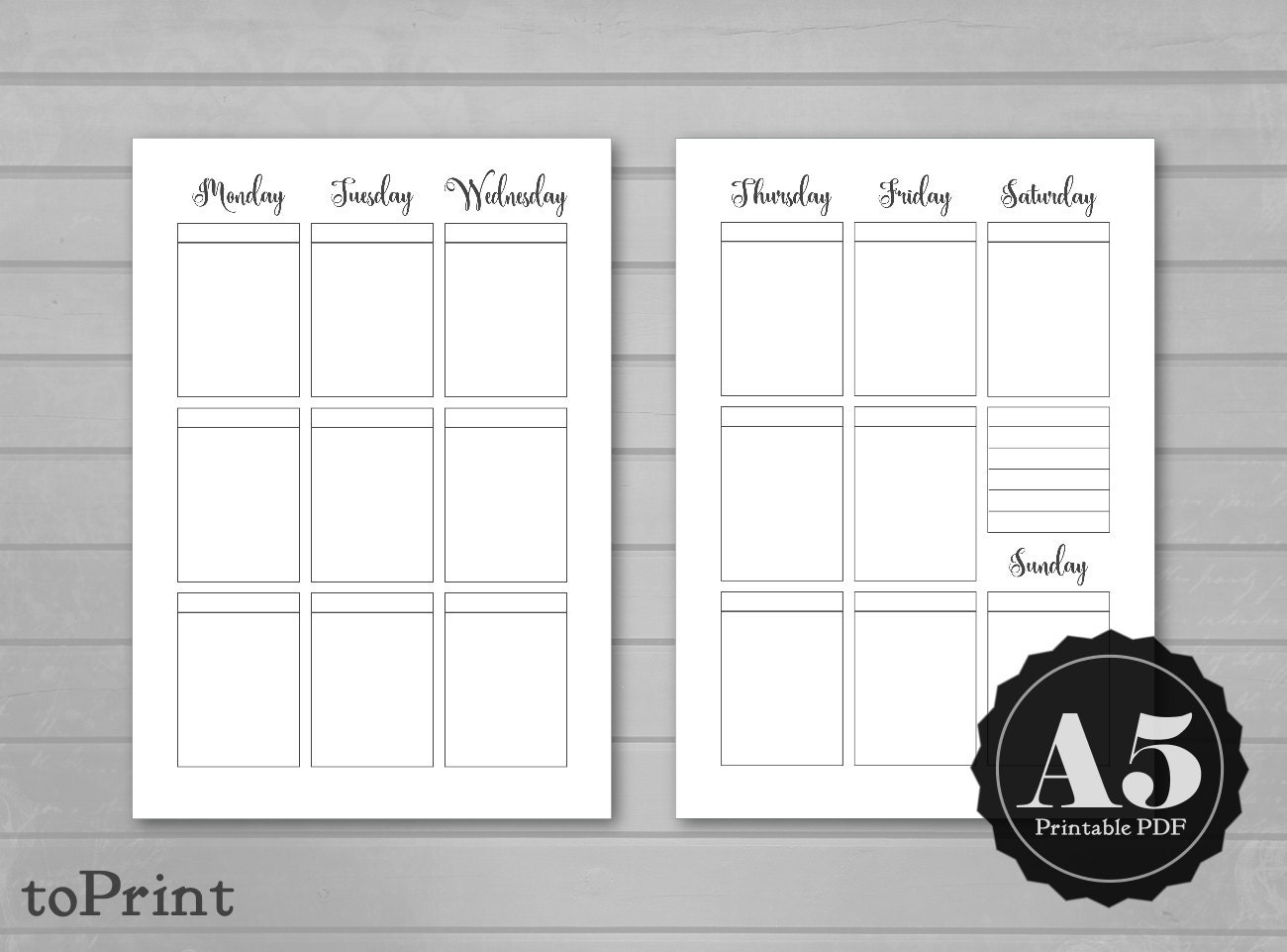 Weekly Box Planner Inserts A5 Printable Calligraphy Script Weekly ...