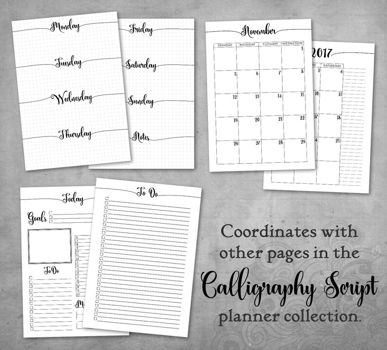 Monthly Calendar Planner Inserts - Calligraphic Script - A5 Printable ...