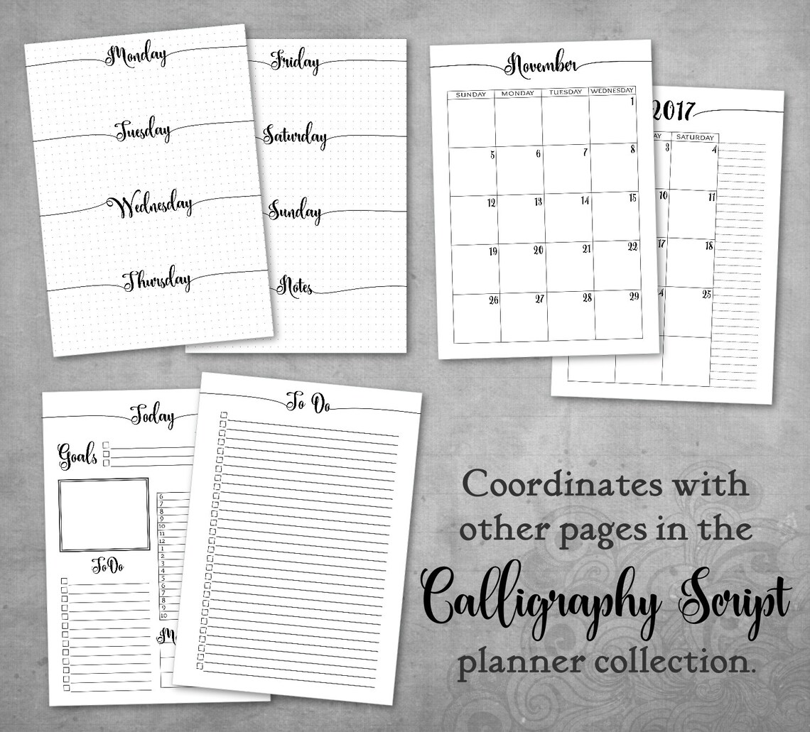 Daily Planner Insert - A5 Printable Planner Pages - Calligraphy Script ...