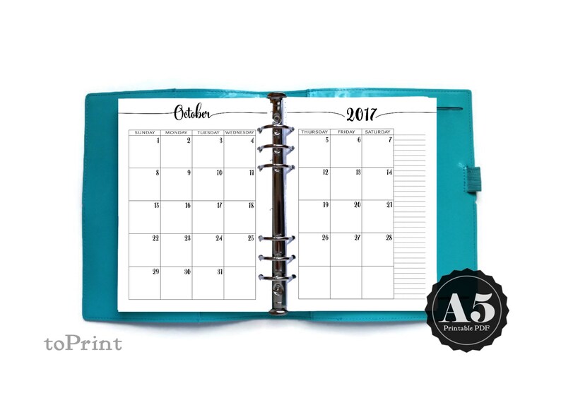Monthly Calendar Planner Inserts - Calligraphic Script - A5 Printable ...