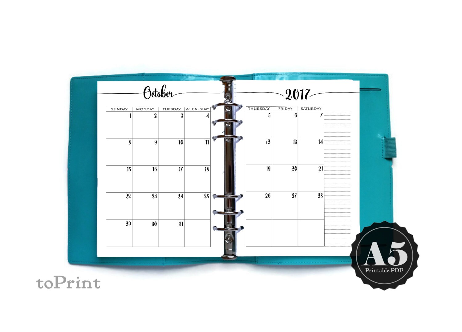 Monthly Calendar Planner Inserts Calligraphic Script A5 Printable ...