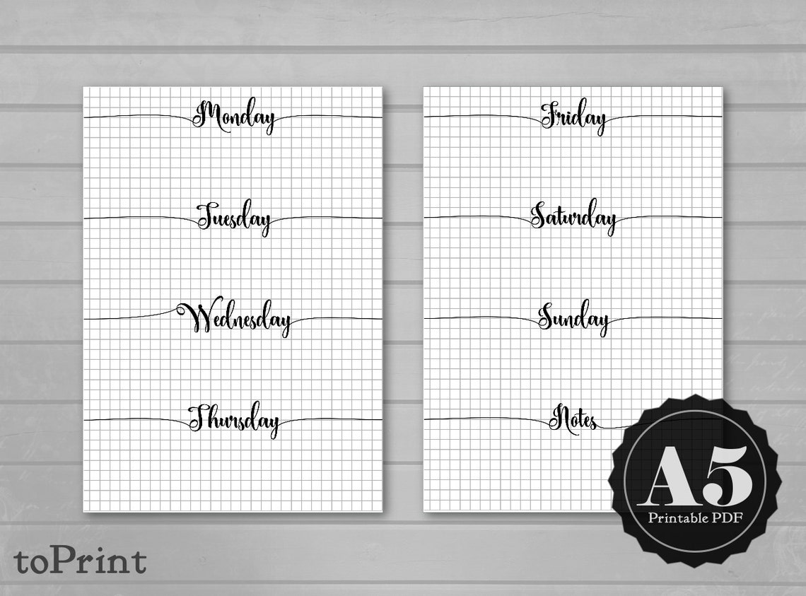 Printable Weekly Planner Inserts A5 Calligraphic Script Bullet Journal ...