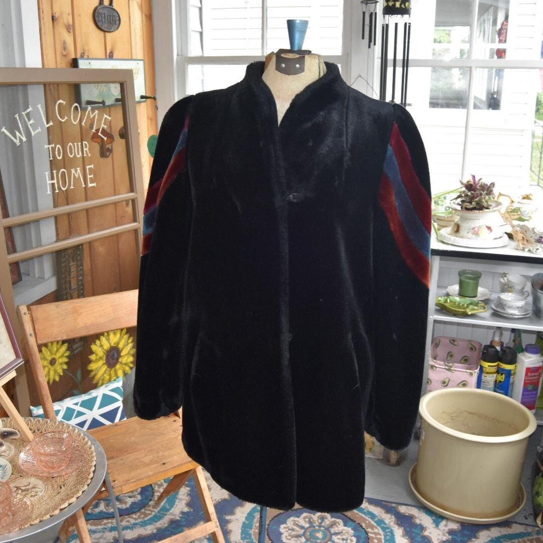 60s Casper Faux Fur Borg Coat - Union Made, Striped Colorful Sleeves ...