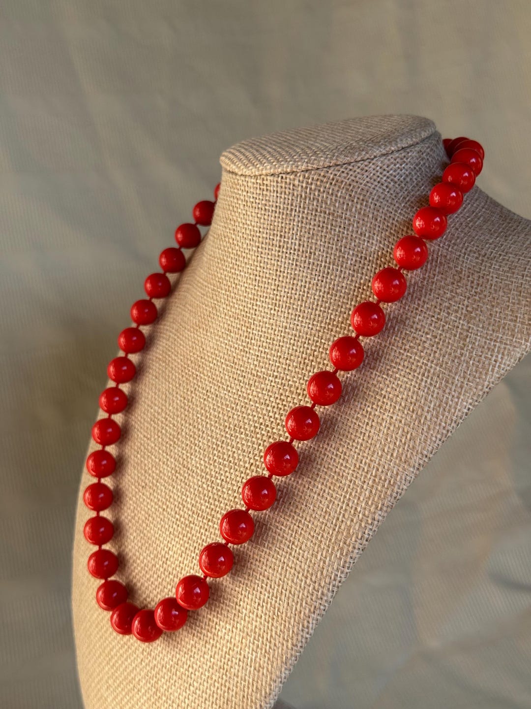 Vintage 1950s Chili Red Opaque Lucite Bead Necklace 19” Original Spring ...