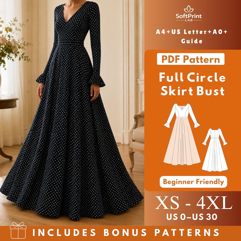Deep V Neck Maxi Dress Sewing Pattern PDF, Princess Seam Bodice, Ruffle ...