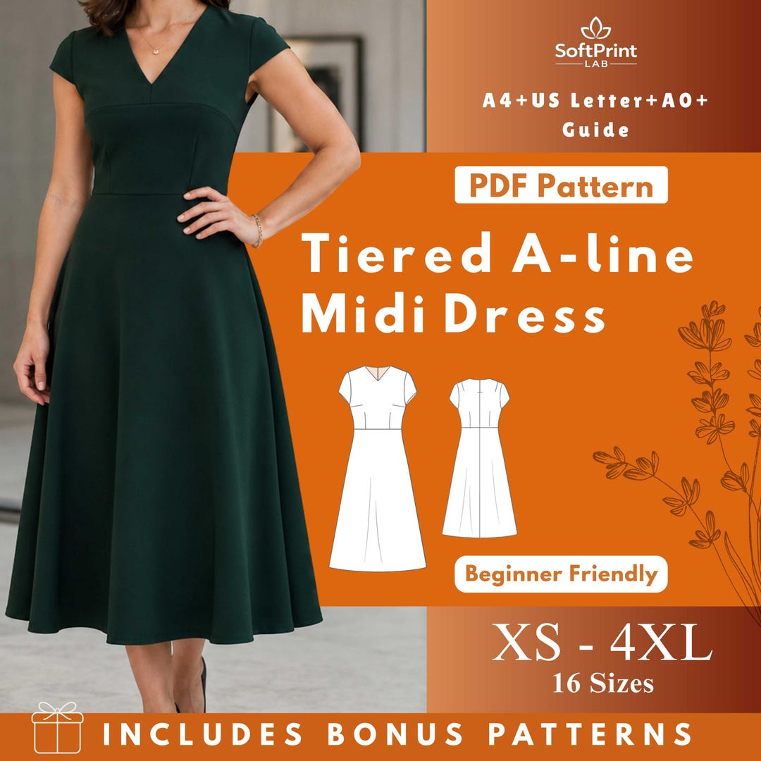 Tiered A-line Midi Dress Sewing Pattern Pdf, V-neck Short Sleeve Fitted ...