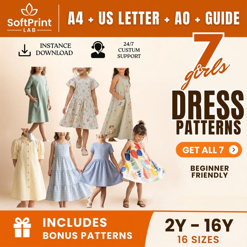 Girls Dress Pattern Collection, 7 PDF Sewing Patterns, Ages 2Y–16Y - Etsy