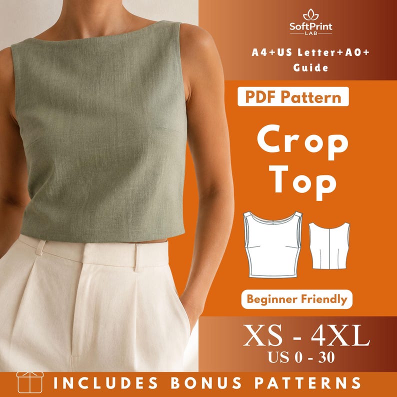 Boat Neck Crop Top Sewing Pattern PDF, Women’s Sleeveless Fitted Woven ...