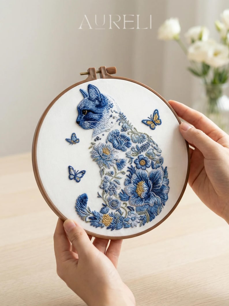 Floral Blue Cat Embroidery Kit for Beginners | Butterfly Hoop Art ...