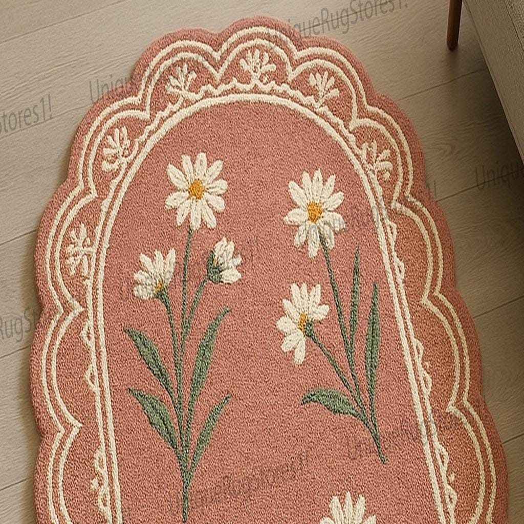 Pink Floral Oval Rug, Vintage Daisy Pattern, Cottagecore Decor - Etsy