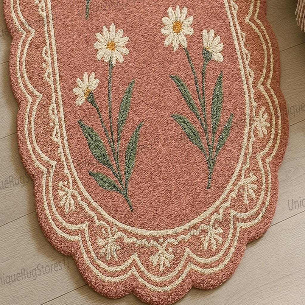 Pink Floral Oval Rug, Vintage Daisy Pattern, Cottagecore Decor - Etsy