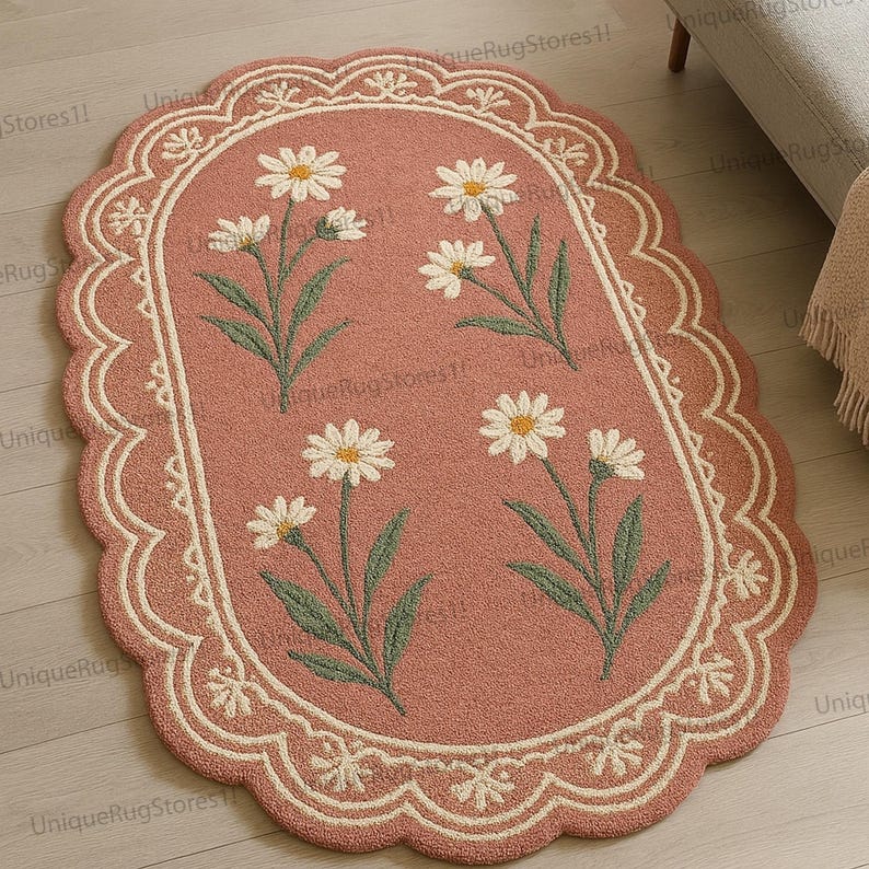 Pink Floral Oval Rug, Vintage Daisy Pattern, Cottagecore Decor - Etsy