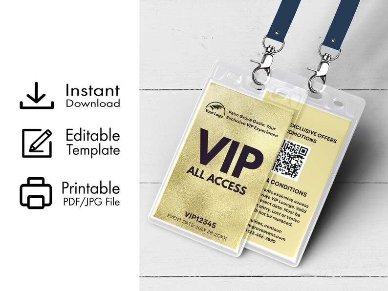 Gold Foil Palm Grove VIP Pass Template: Customizable Event Badge ...