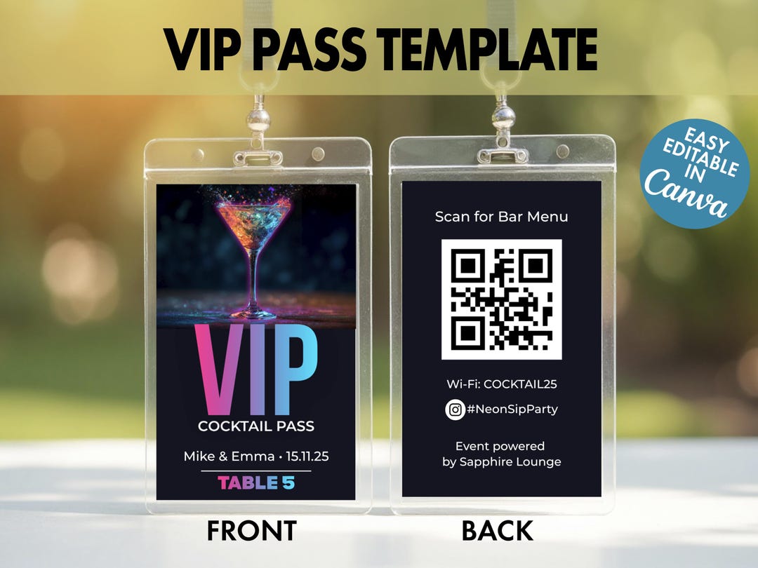 Neon Martini VIP Badge • 3 Sizes • Editable Canva Template • Cocktail ...