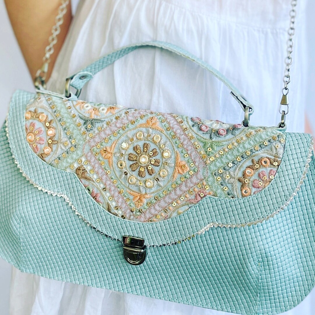 Light Blue Leather Purse With Embroidery - Etsy