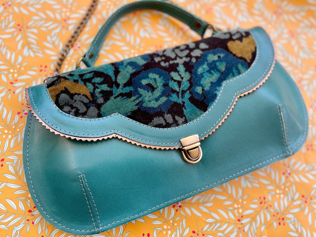 Teal Leather Handbag With Autumn Flowers Velvet - Etsy