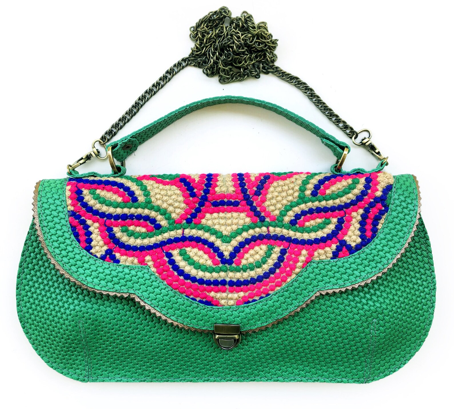 Festive Green Leather Handbag With Colorful Embroidery, Embroidered ...