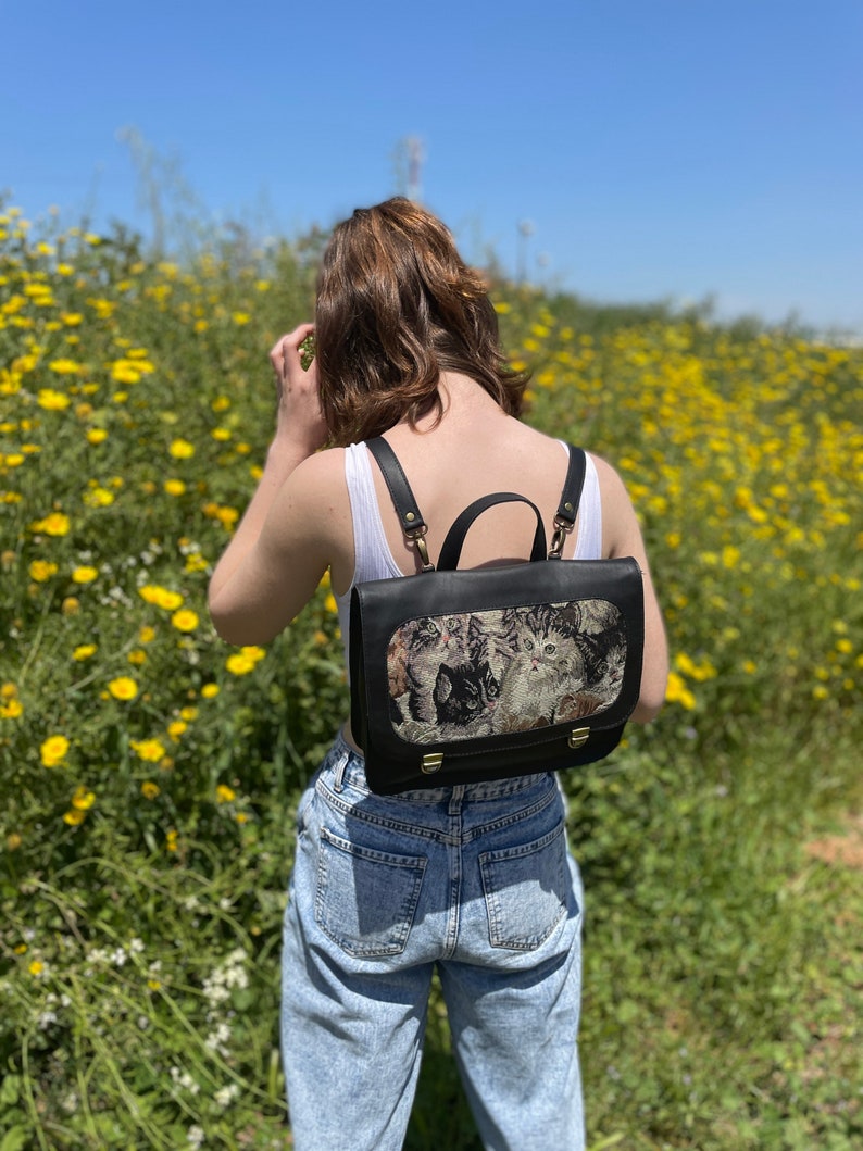 Black Leather Backpack With Cats Tapestry Black and White | Etsy