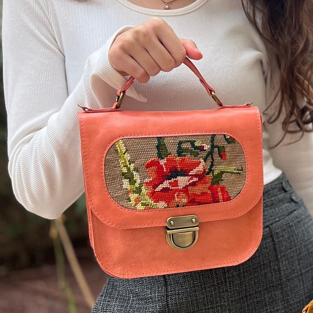 Peach Leather Handbag With a Vintage Floral Needlepoint,gift for ...