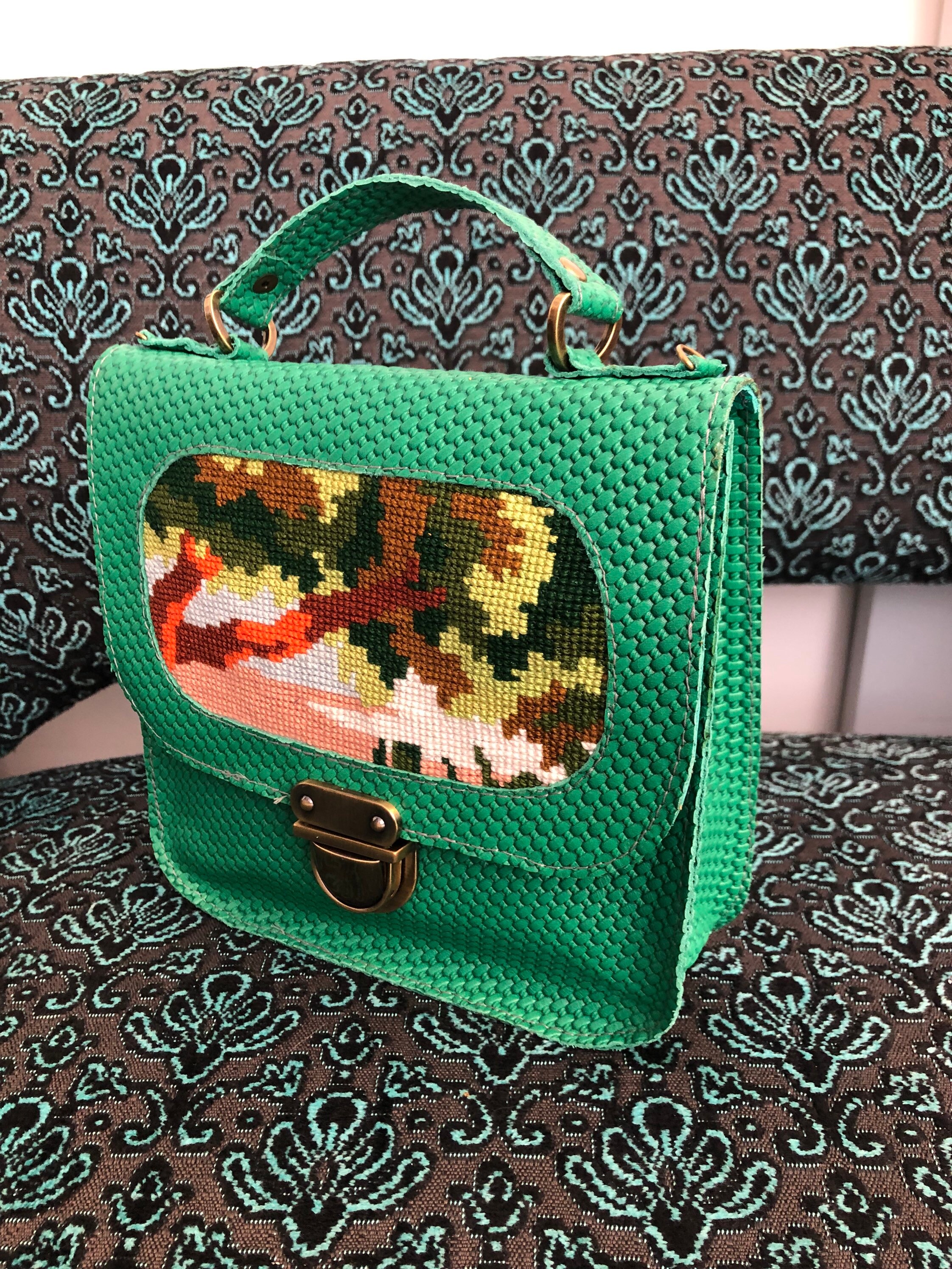 Green Leather Handbag With a Scenery Needlepoint Small Green - Etsy