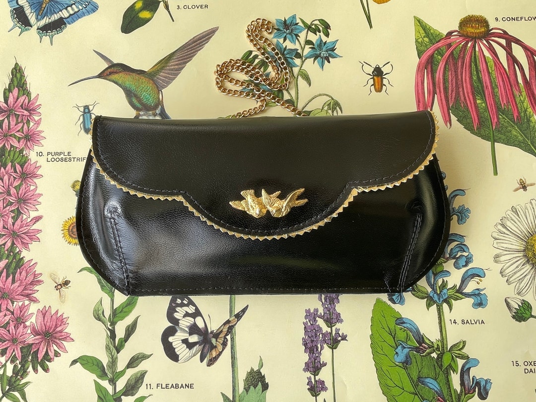 Black Leather Clutch With Birds, Crossbody Evening Purse, Leather Purse ...
