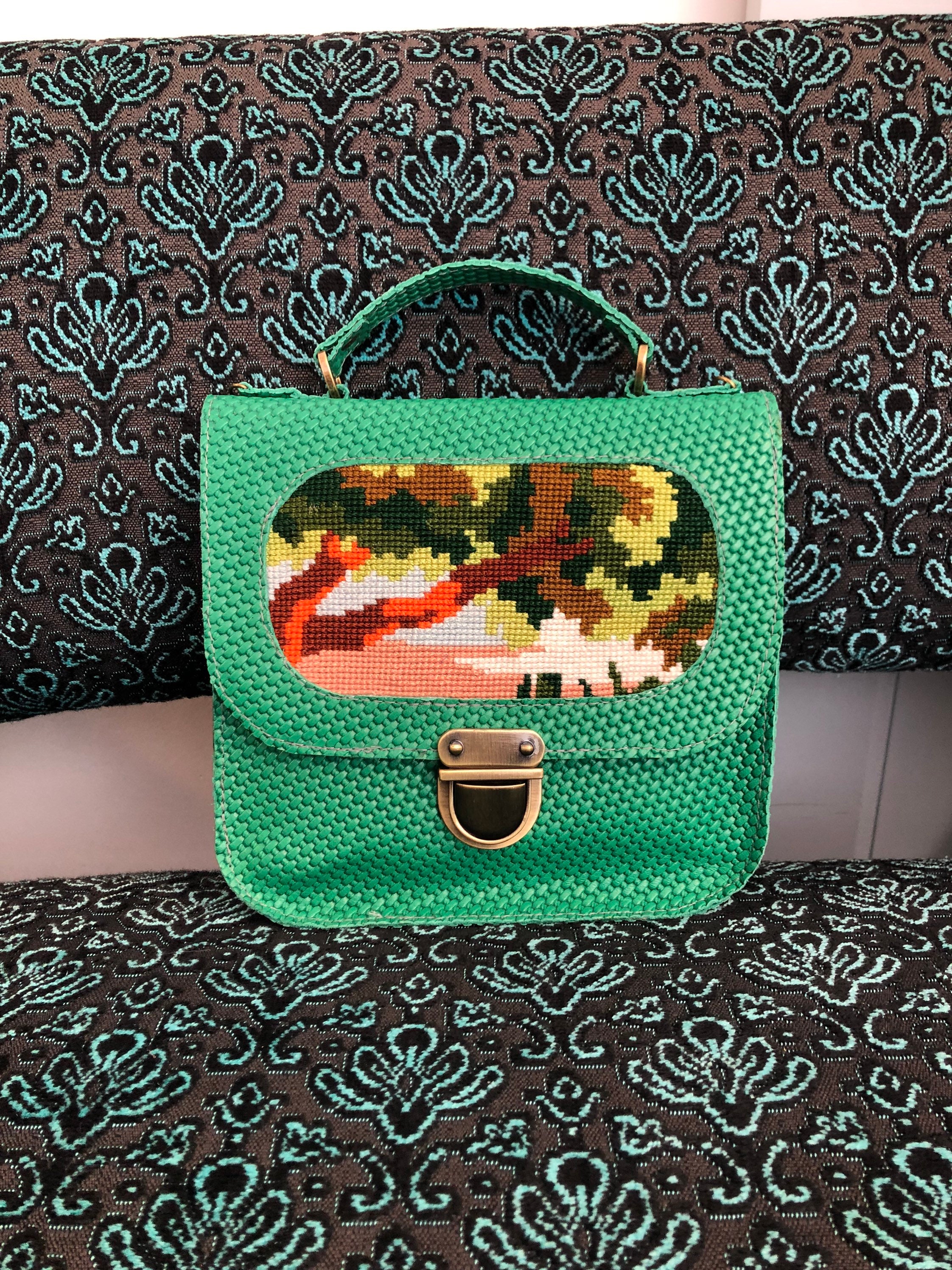 Green Leather Handbag With a Scenery Needlepoint Small Green - Etsy