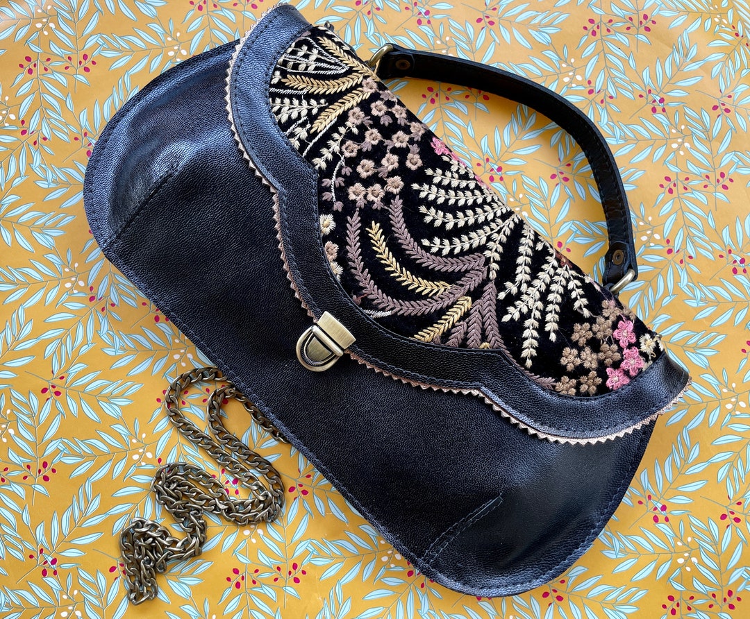 Black Leather Handbag With Autumn Flowers - Etsy
