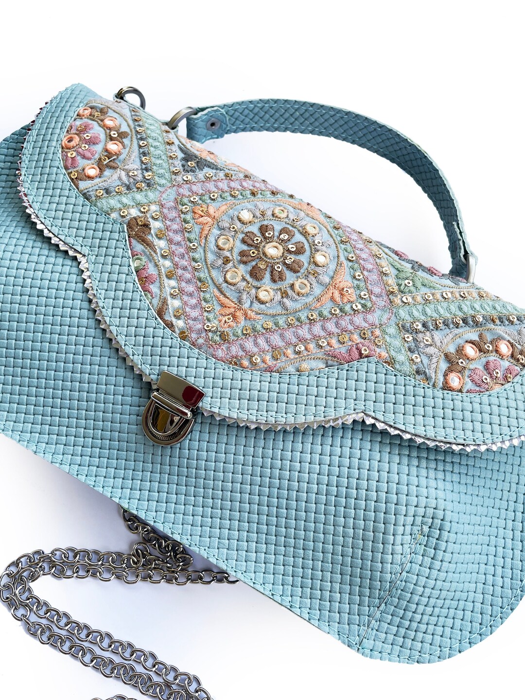Light Blue Leather Purse With Bohemian Embroidery , Colorful Handbag ...