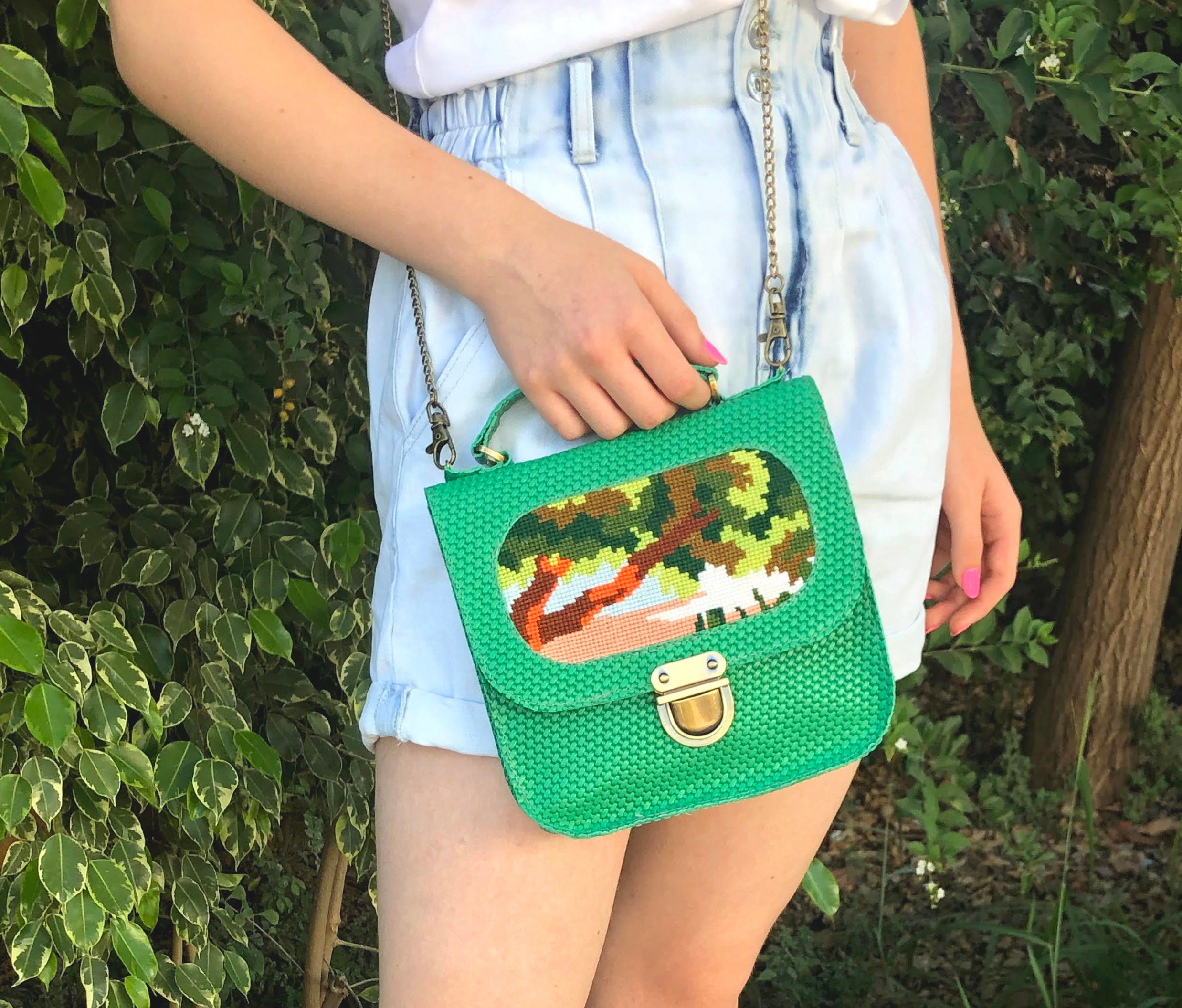 Green Leather Handbag With a Scenery Needlepoint Small Green - Etsy