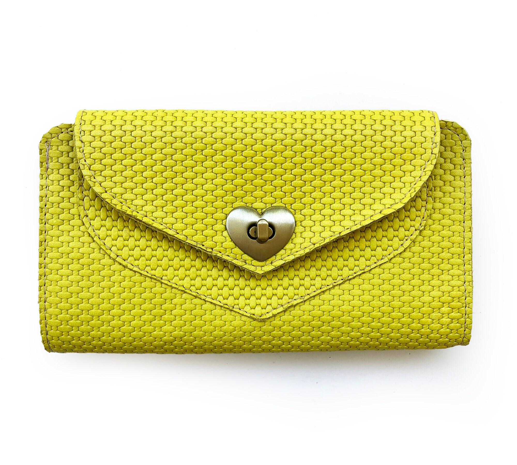 Sunshine Yellow Leather Wallet, Heart Lock Women's Wallet, Yellow ...