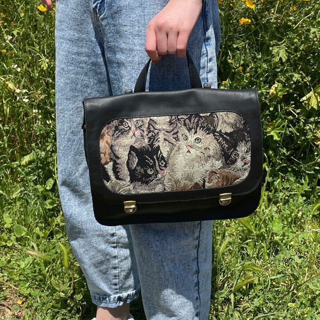 Black Leather Backpack With Cats Tapestry, Black and White Bag, Cats ...