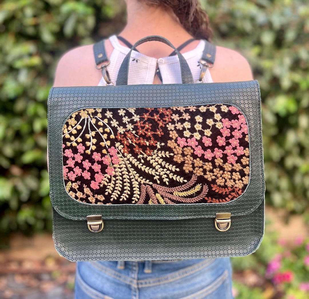 Dark Green Leather Backpack With Autumn Flowers Embroidery , Green Bag ...