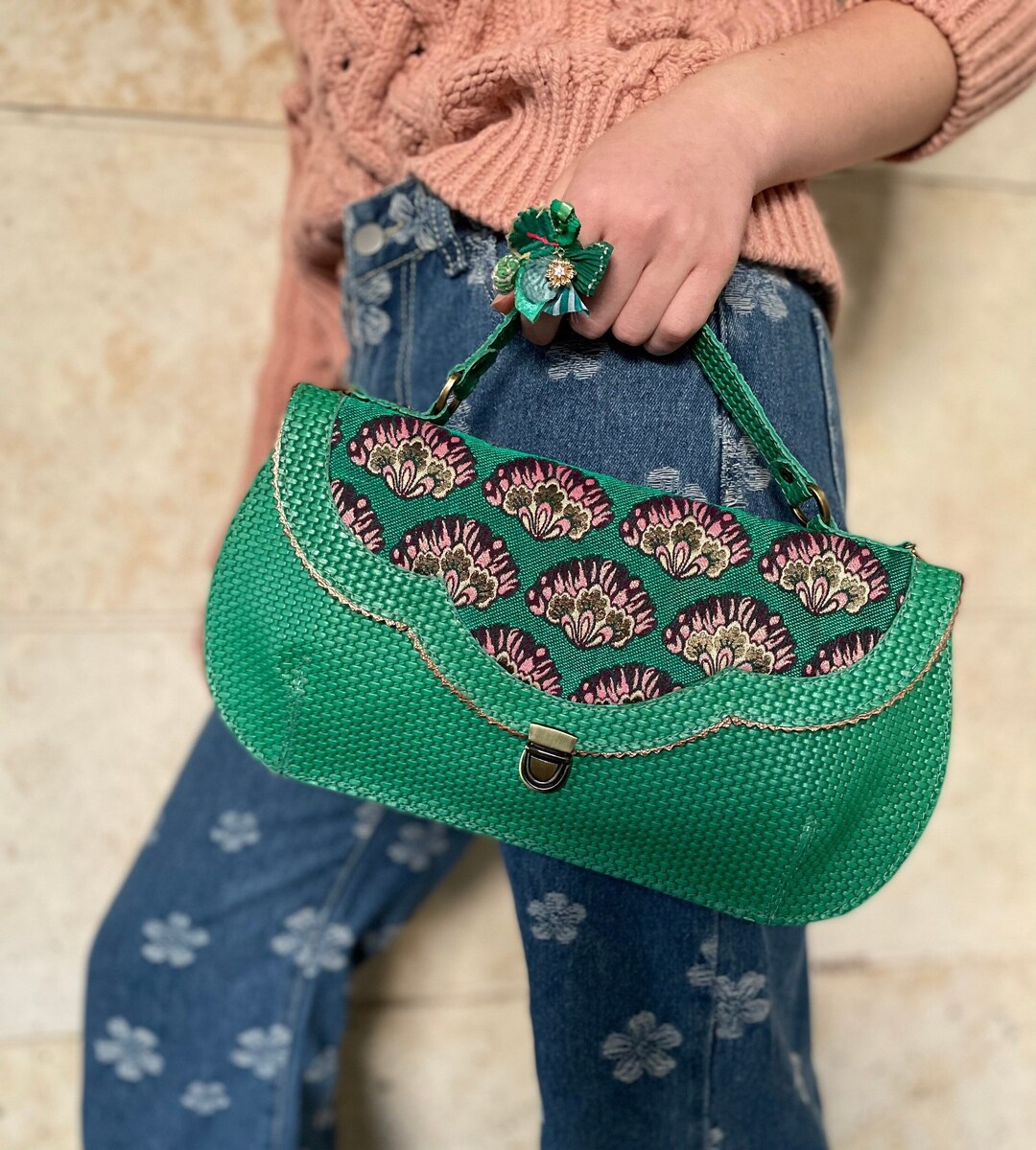 Green Leather Handbag With Flowers - Etsy