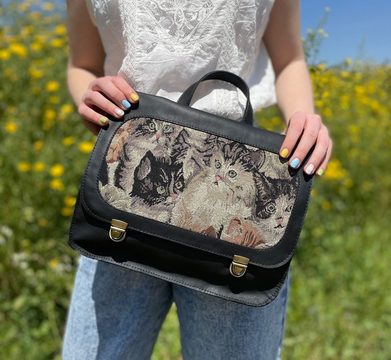 Black Leather Backpack With Cats Tapestry Black and White - Etsy