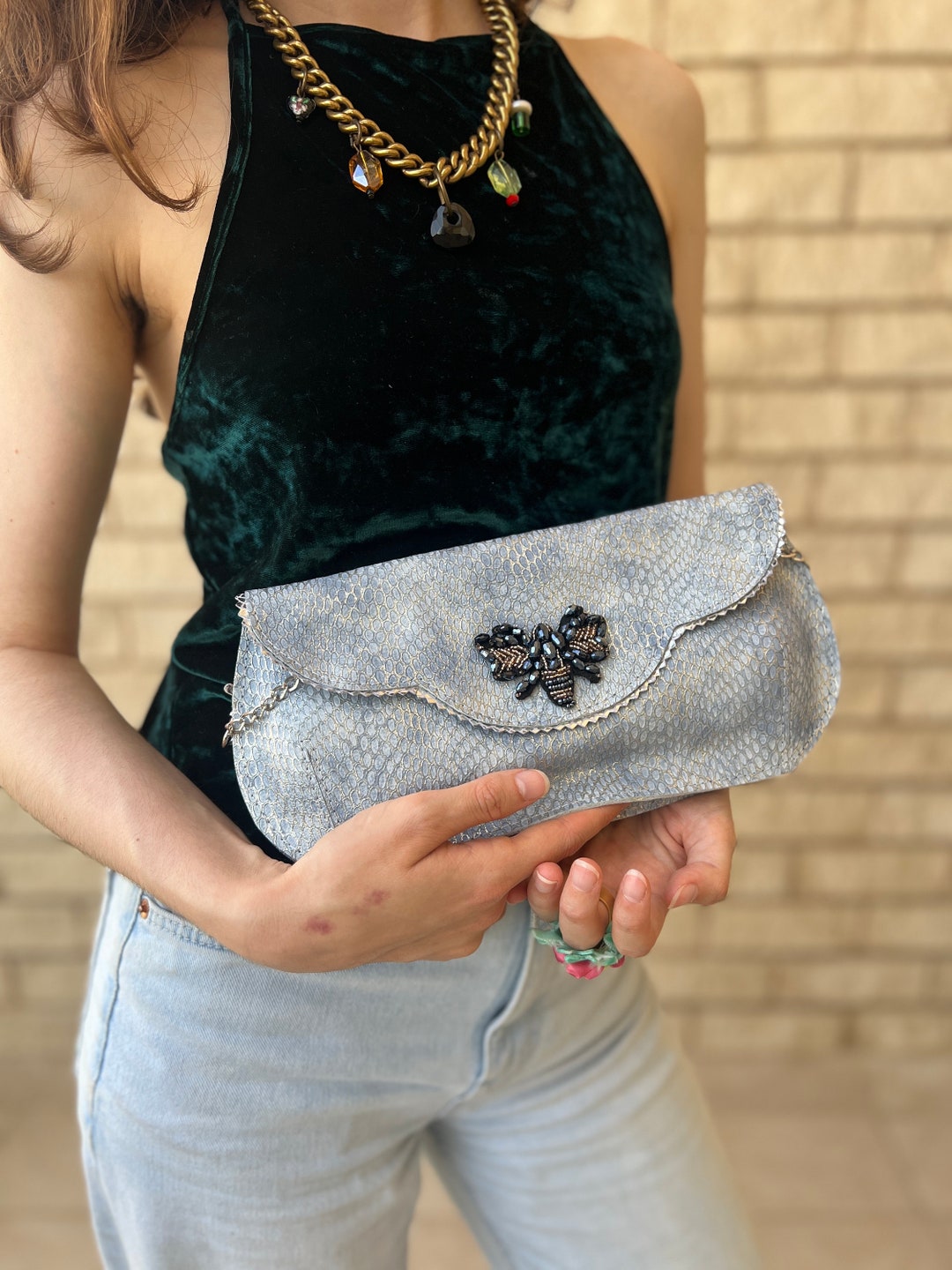 Smokey Light Blue Leather Clutch With a Beaded Butterfly Ornament ...