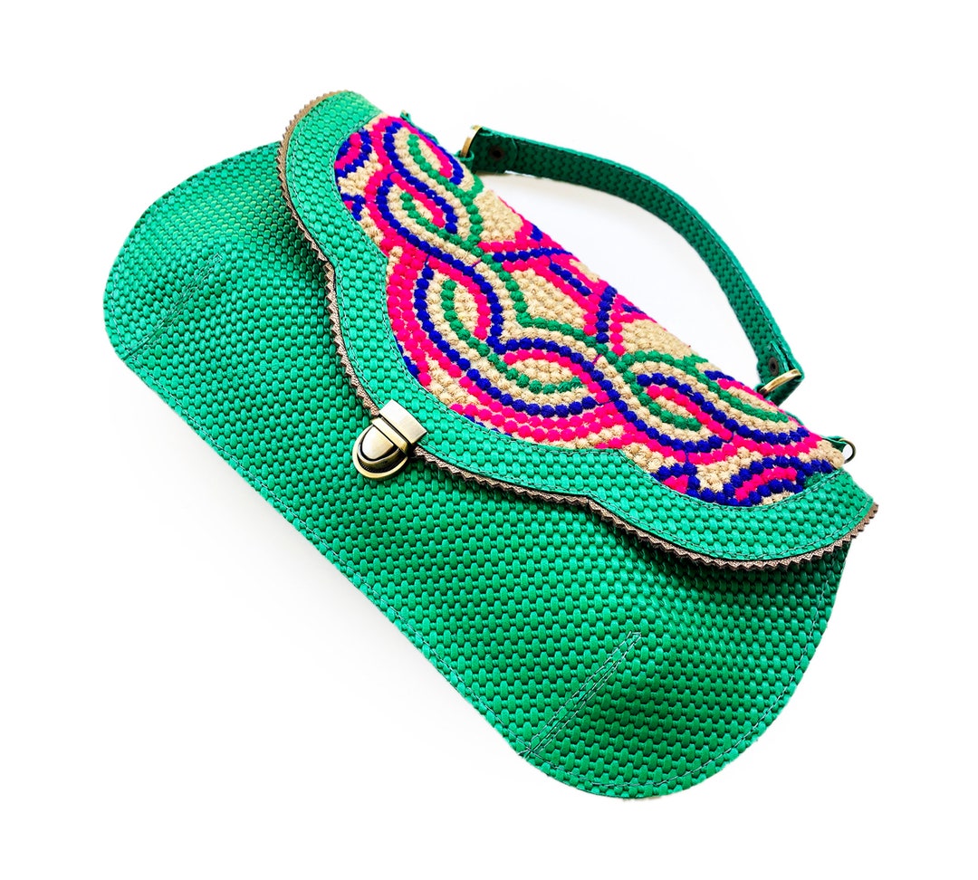 Festive Green Leather Handbag With Colorful Embroidery, Embroidered ...