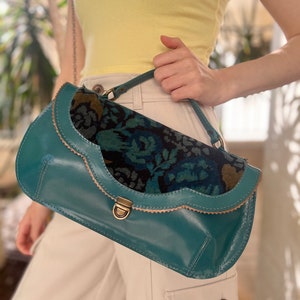 Teal Leather Handbag With Autumn Flowers Velvet - Etsy