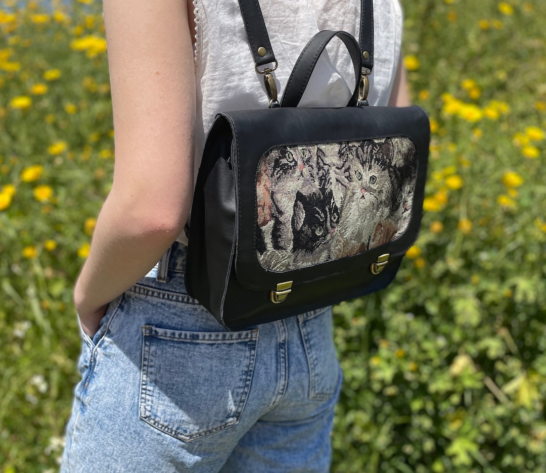 Black Leather Backpack With Cats Tapestry, Black and White Bag, Cats ...