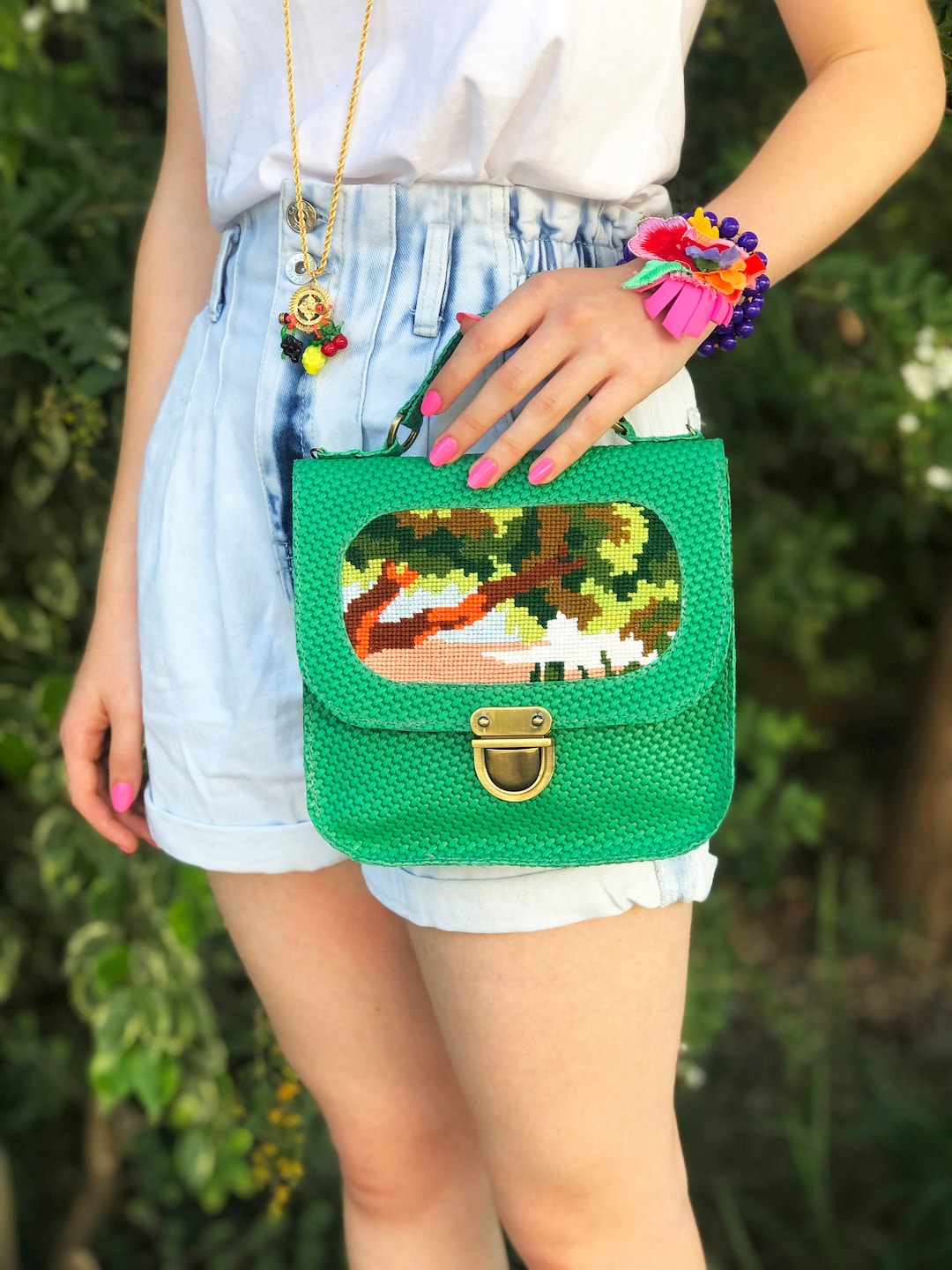 Green Leather Handbag With a Scenery Needlepoint, Small Green Leather ...