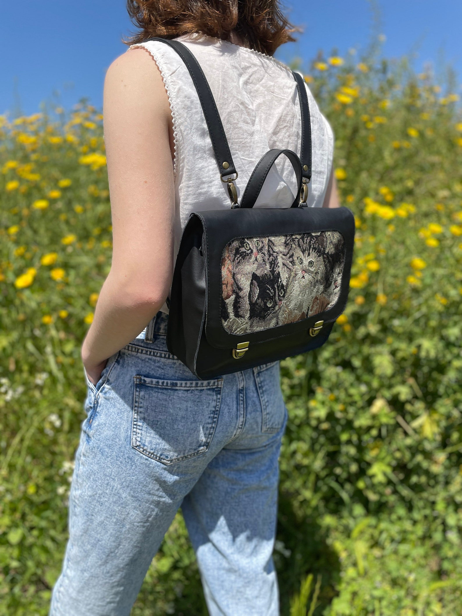 Black Leather Backpack With Cats Tapestry, Black and White Bag, Cats ...
