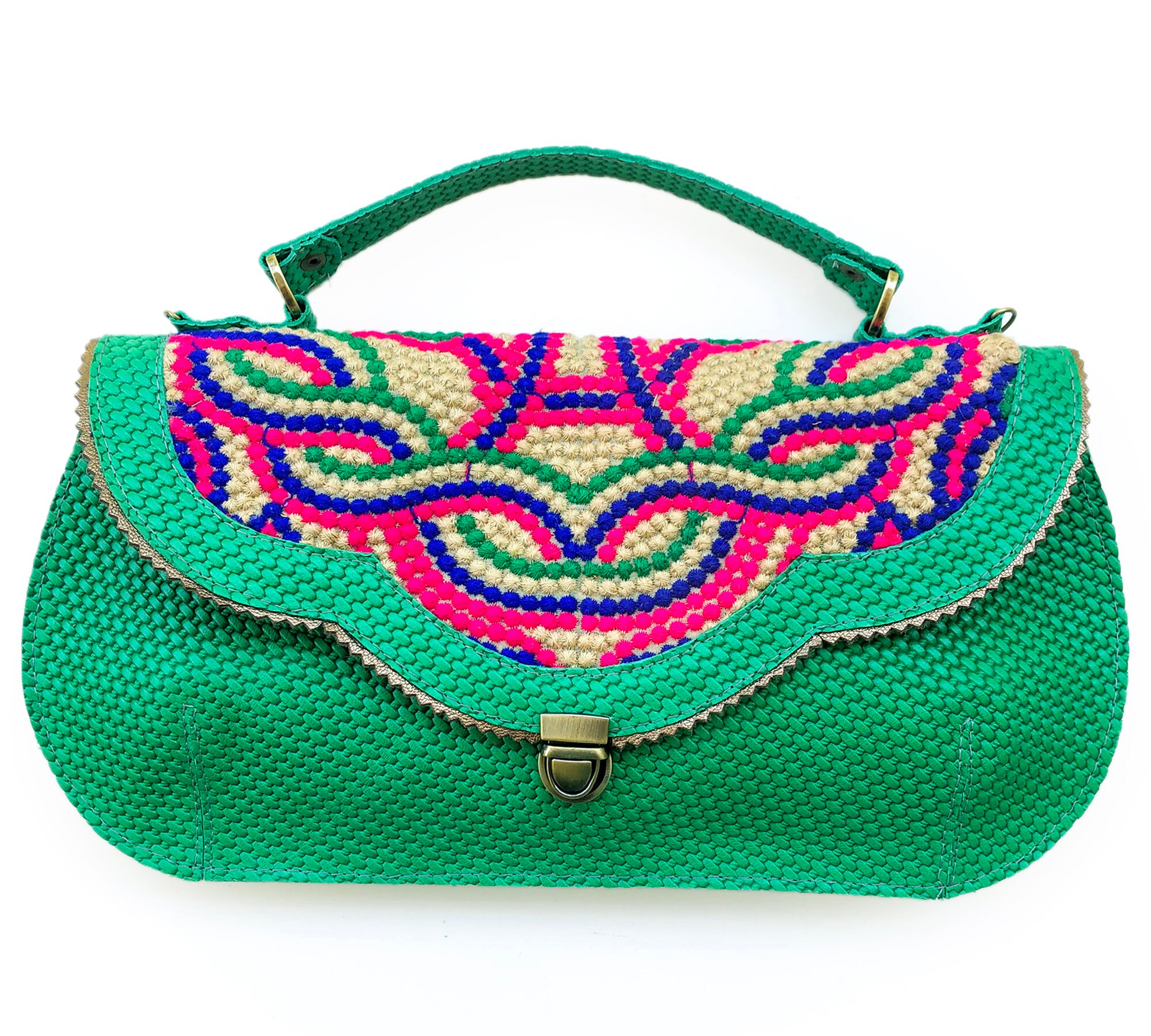 Festive Green Leather Handbag With Colorful Embroidery, Embroidered ...