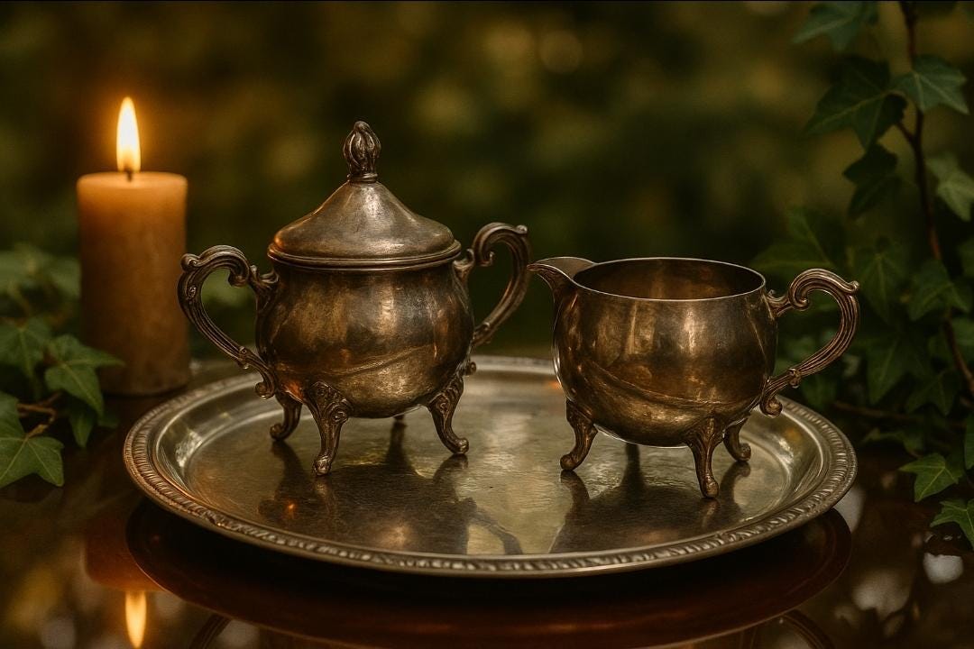 Vintage Silver Cauldron Set: Witchy Altar Decor, Sugar Bowl, Pitcher ...