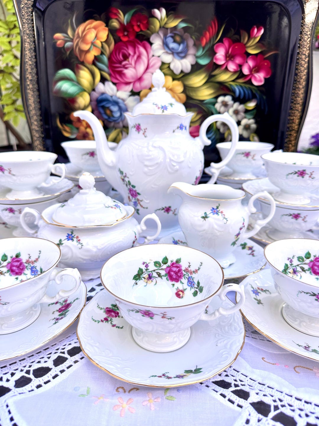 Rococo Wawel Walbrzych Fine Porcelain Tea Service With Floral Motif for ...