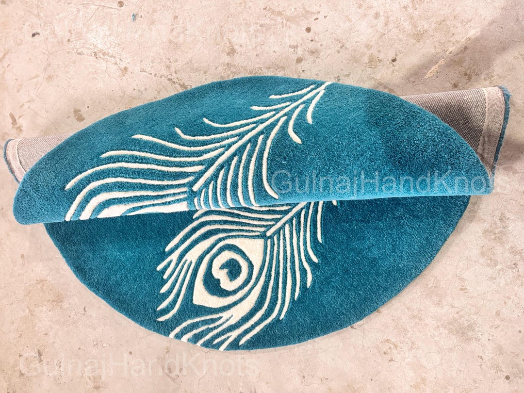 Hand-tufted Wool Round Rug: Teal Peacock Feather Boho Decor - Etsy