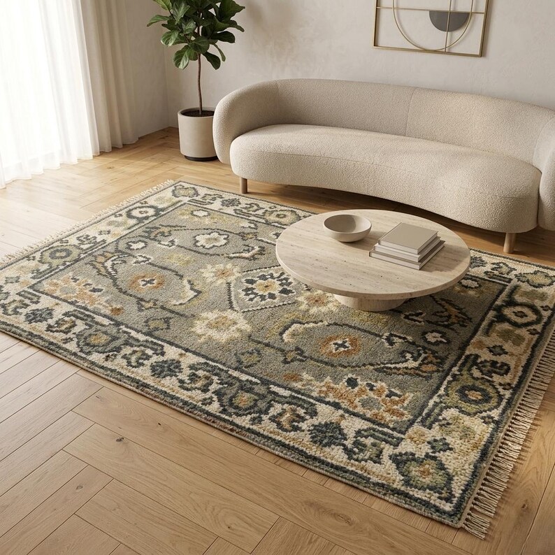 Muted Sage & Cream Floral Hand Knotted Rug, Soft Vintage Style Living ...
